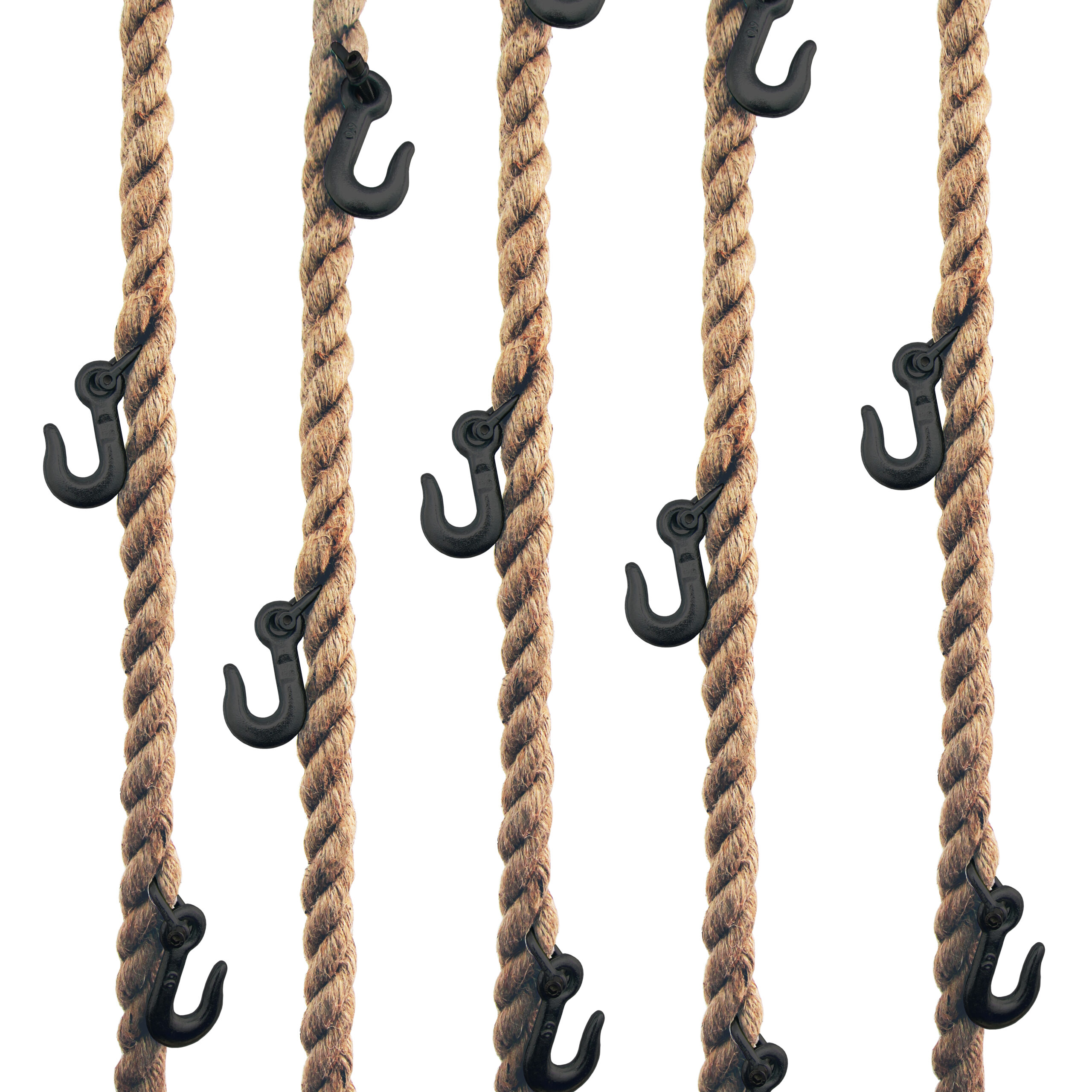 Platzsparende Garderobe aus Jute Seil mit schwarzen Metallhaken